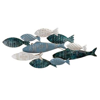 Gilde Wandrelief Pesca Metall Fischmotiv dunkelblau hellblau wei&szlig; gl&auml;nzend strukturiert 30x71 cm Wanddeko Kunst Dekoration Wohnaccessoire