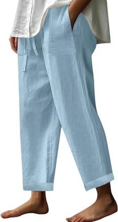 Generic Pantalon Femme Large L&eacute;ger Ete en Lin pour Pantalon D&eacute;contract&eacute; pour Femme Style Japonais Ample et &Eacute;lastique &Agrave; Boutons Style Drap&eacute; Jambes Larges en Fl