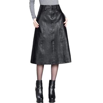 Generic Jupe trap&egrave;ze en cuir pour femme, taille haute, &eacute;l&eacute;gante, chic, ample, d&eacute;contract&eacute;e, pour le bureau, les jupes mi-longues, Noir, L