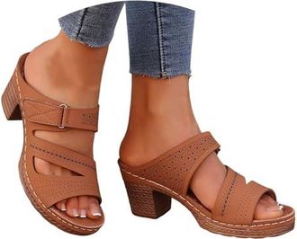 Generic Sandales &agrave; talons pour femme - Bout ouvert - &Agrave; enfiler - Talon moyen &eacute;pais - Sandales &agrave; talons carr&eacute;s - Style d&eacute;contract&eacute; et confortable - Chaussures 