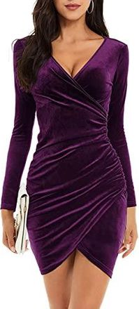 Onsoyours Robe Velours Femme Hiver Soirée Manches Longues Moulante Col en V Robe pour Fête Cocktail Club B Violet L, (XY220613LJT-DE06-B-ZI-L)