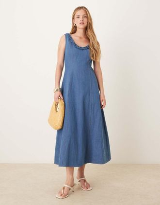 Ghospell Robe longueur mollet en denim à volants - Bleu
