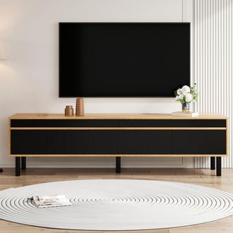 Generic TV Schrank Natur Schwarz 170 cm Lowboard mit 4 T&uuml;ren Push to Open Streifen Design f&uuml;r 75 Zoll Fernseher TV Board Wohnzimmer Sideboard Unterschrank Mas