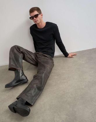 Topman pantalon coupe droite en cuir v&eacute;ritable marron espresso