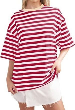Generic T-shirt &agrave; rayures d&eacute;contract&eacute; pour femme avec col rond et manches courtes pour le printemps. T-shirt ray&eacute; minimaliste et confortable, rouge, XL