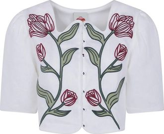 Farm Rio Farm Rio, Femme, Blouses et Chemises, Blanc, Taille: 40 FR Flower Crop Top Manches Courtes