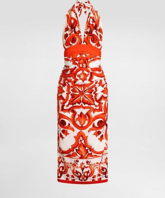 Dolce & Gabbana Langes Kleid Aus Charmeuse Mit Majolika-print - Frau Kleider Mehrfarbig 42