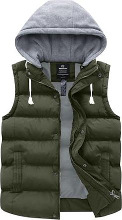 Wantdo Homme Gilet Matelass&eacute;e Hiver Puffer Blouson Chaud Veste sans Manche Ext&eacute;rieur Chaude avec Capuche Amovible Causal Vert S