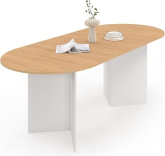 IDMarket Table &agrave; manger extensible ovale MARTHE 6 -10 personnes bois fa&ccedil;on h&ecirc;tre et blanc 160-200 cm