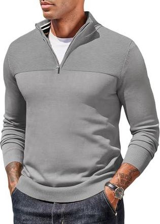 Coofandy Pull en Tricot pour Homme 1/4 Zip Pull dhiver Pulls à Manches Longues Décontractés Pullover Sweater Gris Clair XXL