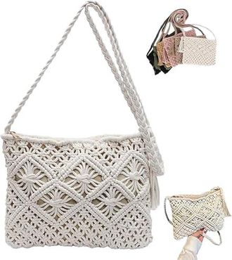 Generic Pochette minimaliste &agrave; pompons pour femme - Sac r&eacute;tro en corde de coton tiss&eacute; &agrave; la main, sac &agrave; main pour les vacances, la plage boh&egrave;me, blanc, One Siz