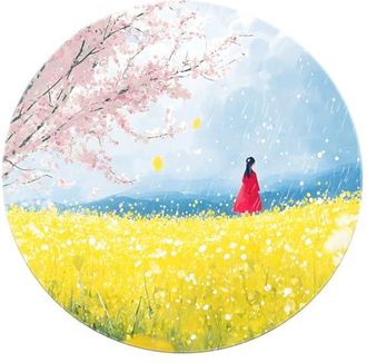 Generic Tapis Rond Paysage de Printemps Romantique, d&eacute;cor int&eacute;rieur Cerisier Rose et Fleurs Jaunes, Tapis Lavable pour Maison et Bureau 120x120cm