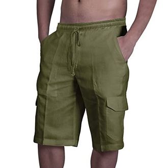 Generic Short en coton et lin pour homme - Printemps - &Eacute;t&eacute; - Plusieurs poches - Couleur : plage - Loisirs - Solide - D&eacute;contract&eacute; - Vacances - Short d&eacute;contract