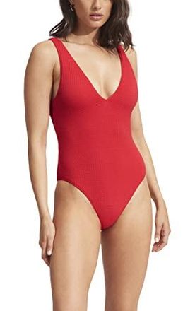 Seafolly Womens Standard Deep V Neck Over The Shoulder One Piece Swimsuit, Sea Dive Chilli Red, 6