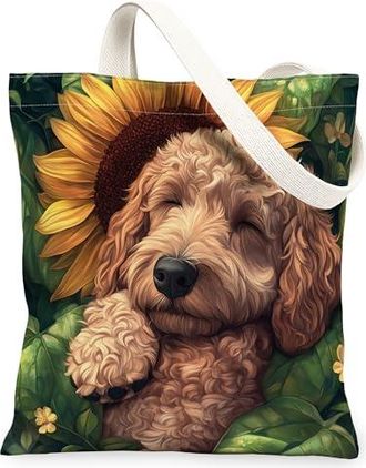 Generic Sac fourre-tout en toile motif labradoodle printanier pour faire du shopping, 33 x 38,1 cm, sac d&eacute;picerie r&eacute;utilisable pour femme, motif floral, anima