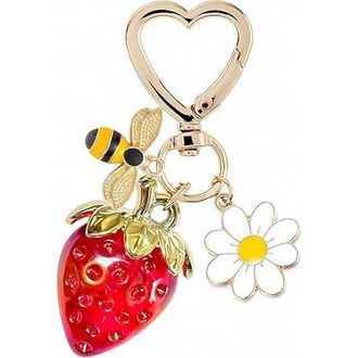 Generic Porte-cl&eacute;s mignon en forme de fraise avec pendentif abeille et fleur Kawaii, fermoir en forme de coeur dor&eacute;, accessoire de sac &agrave; main pour femme, d&eacute;co
