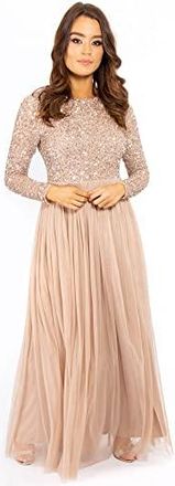Maya Womens Ladies Petite Maxi Dress for Wedding Guest Long Sleeves Sequins Empire High Waist Embellishment Boat Neck Prom Robe, Taupe Blush, 10 Femme