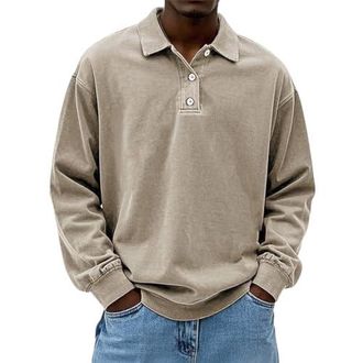 Generic Chandails en polaire pour homme, chemises &agrave; manches longues en coton &agrave; col standard 1/4 de bouton, coupe d&eacute;contract&eacute;e, couleur unie, haut thermique d&eacute;