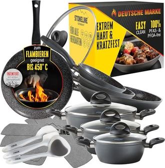 STONELINE Ceramic Batterie de Cuisine C&eacute;ramique 16 pcs 18/20/24/28 Sans PFAS Set Po&ecirc;les et Casseroles avec Couvercle, Tous feux Induction, Rev&ecirc;tement Antiadh&eacute;si