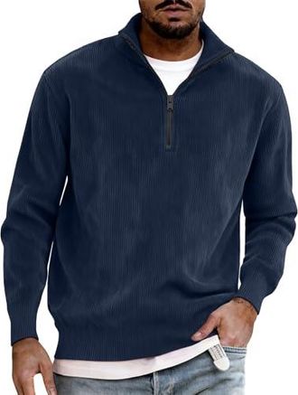 Generic Sweats pour homme - Pull classique en velours côtelé à manches longues avec col zippé - Sweat-shirt dhiver pour homme - Pull dhiver coupe ajustée, ble
