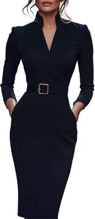 Generic Robe rétro pour femme, manches longues, col mandarin, col en V, fourreau midi, élégant col en V, manches longues avec ceinture, Noir, XXL