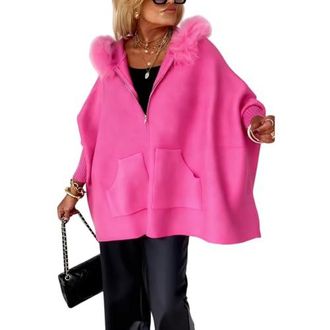 Generic Veste d&eacute;contract&eacute;e pour femme avec col en fourrure de couleur unie, imitation daim, l&eacute;ger, manches longues, revers ouvert sur le devant, rose, XXL