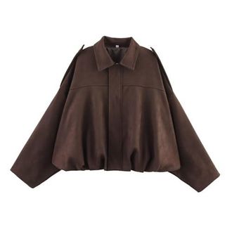 Generic Blousons bomber en daim pour femme, manteau court d&eacute;contract&eacute; &agrave; revers surdimensionn&eacute; &agrave; manches chauve-souris avec fermeture &eacute;clair, caf&eacute;, M
