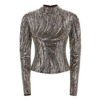 Paco Rabanne Langarm-Top mit Wellen-Paillettenstickerei - - Tops - Damen - Braun - XS