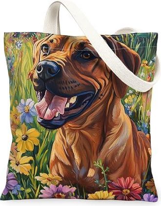 Generic Sac fourre-tout en toile motif chien Rhodesian Ridgebacks printaniers 33 x 38 cm, motif fleurs color&eacute;es, sac d&eacute;picerie r&eacute;utilisable pour femme, peintu