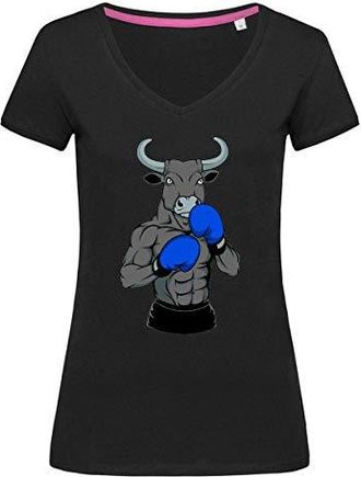 Generic Boxing Bull Blue Boxing Gloves Defensive Stance T-Shirt Graphique à Encolure en V pour Femmes Small