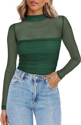 Zeagoo Haut en maille pour femme - Transparent - Col rond - Manches longues - Sexy - Pour fête - Coupe ajustée, vert, XXL