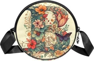 Generic Petit sac &agrave; bandouli&egrave;re circulaire pour femme, motif floral lettres B, petit sac &agrave; bandouli&egrave;re avec fermeture &eacute;clair, bretelles r&eacute;glables, sac &agrave; main 