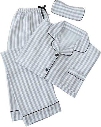 Generic Pyjama 3 pi&egrave;ces pour femme - Ray&eacute; - Avec boutonni&egrave;re - V&ecirc;tement de nuit - 2 pi&egrave;ces - V&ecirc;tement de maison - T-shirt &agrave; manches longues - Pantalon de pyja