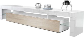 Vladon Lowboard Lima V2, Made in Germany, TV-Kommode mit 2 Klappen, 1 offenem Fach und 2 Glasablagen, Weiß Hochglanz/Eiche Sägegrau (189 x 38 x 35 cm)