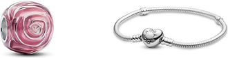 Pandora Moments Rosafarbene Blühende Rose Charm aus Sterling Silber, Kompatibel Moments Armbändern, 793212C01 Moments Schlangen-Gliederarmband mit Herz-Versch
