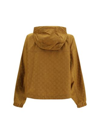 Gucci Womens Short Technical Jacquard Jacket With All-Over Gg Motif Caramel Suede Nylon