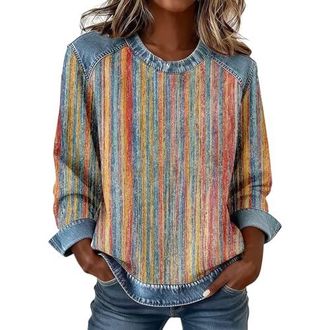 Generic Sweat-shirt pour femme - Mode printemps - Denim - Patchwork - Imprim&eacute; l&eacute;opard - Haut d&eacute;contract&eacute; &agrave; manches longues - Col &agrave; revers - Couleurs contrast&eacute;