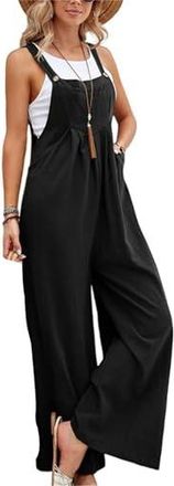 Generic Combinaison d&eacute;contract&eacute;e en lin sans manches avec bretelles r&eacute;glables et poches pour femme, Noir, XXL