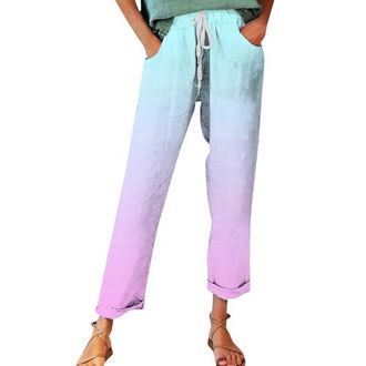 Generic Pantalon Femme Fluide en Lin Large Elegant Pantalon Court en Lin pour Femme Grande Taille Taille Haute Jambe Large Longueur Cheville Ray&eacute; pour La Plag