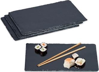 Relaxdays Schieferplatte, 4er Set, rechteckige Servierplatte, 26 x 16 cm, f&uuml;r K&auml;se, Sushi, Desserts, Buffet, anthrazit