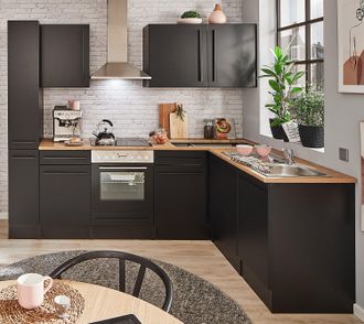 Casa home24 Eck-Küchenzeile 250cm Schwarz/Matt Schwarz mit Elektrogeräten