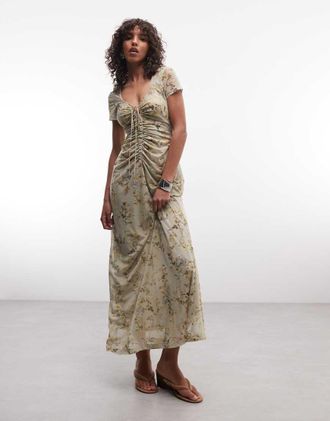 AllSaints Gabby - Kurz&auml;rmliges Midikleid aus gerafftem Netzstoff in Gr&uuml;n mit Blumenmuster in verschiedenen Farben