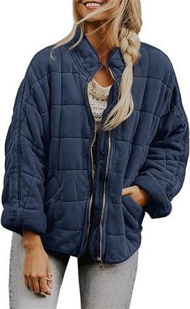 Generic Veste thermique matelassée à manches longues avec fermeture éclair et col montant pour femme - Veste dhiver thermique avec poches, noir foncé, XL