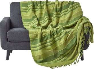 Homescapes große Tagesdecke Morocco, grün, Sofa-Überwurf aus 100% Baumwolle, weiche Wohndecke 225 x 255 cm, grün gestreift, mit Fransen