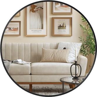 Songmics Miroir Rond, Miroir Mural, Diamètre 50 cm, Cadre en Métal, Facile à Installer, pour Salle de Bain, Salon, Chambre, Entrée, Couloir, Noir dencre LWM101