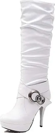 ORANDESIGNE Élégantes Bottes Femme Bottes à Talons Hauts à Plateforme Talon Haut Mince Bottes Boucle de Ceinture en Strass C Blanc 36 EU