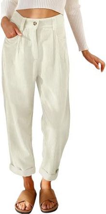 Generic Pantalon taille haute pour femme - Pantalon d&eacute;contract&eacute; taille haute en velours c&ocirc;tel&eacute; avec poches Pantalon tendance pour lautomne et le quotidien, bl