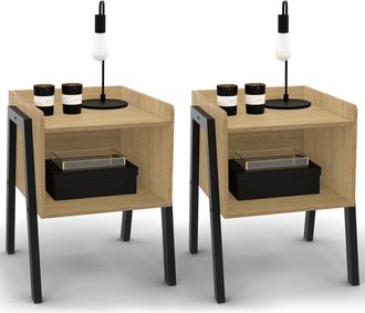 IDMarket Set aus 2 Nachttischen DALAT 1 Nische Holz und Metallbeinen schwarz Industriedesign