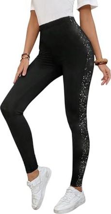 SOLY HUX Legging &eacute;l&eacute;gant pour femme - Avec paillettes - &Eacute;lastique - Taille haute - Pantalon de loisirs - Bloc de couleurs - Tenue de f&ecirc;te, Noir, L