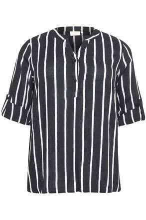 Kaffe Curve Langarm-Bluse KCsida Damen Bluse Langarm V Ausschnitt Casual Streifen Tunika Langarmshirt Große Größen Black/Chalk Stripe 46
